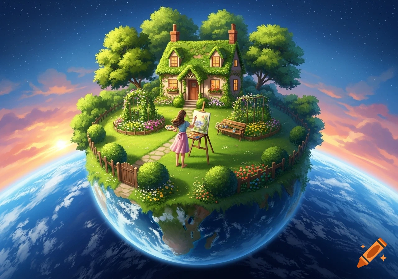 A whimsical illustration of a small planet Earth with a house, garden ...