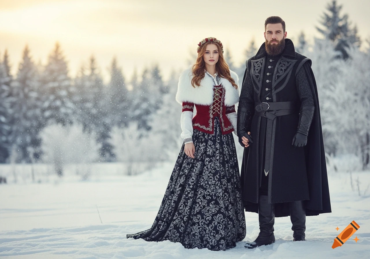 A man in a black cape and a woman in a red and white dress stand in a ...