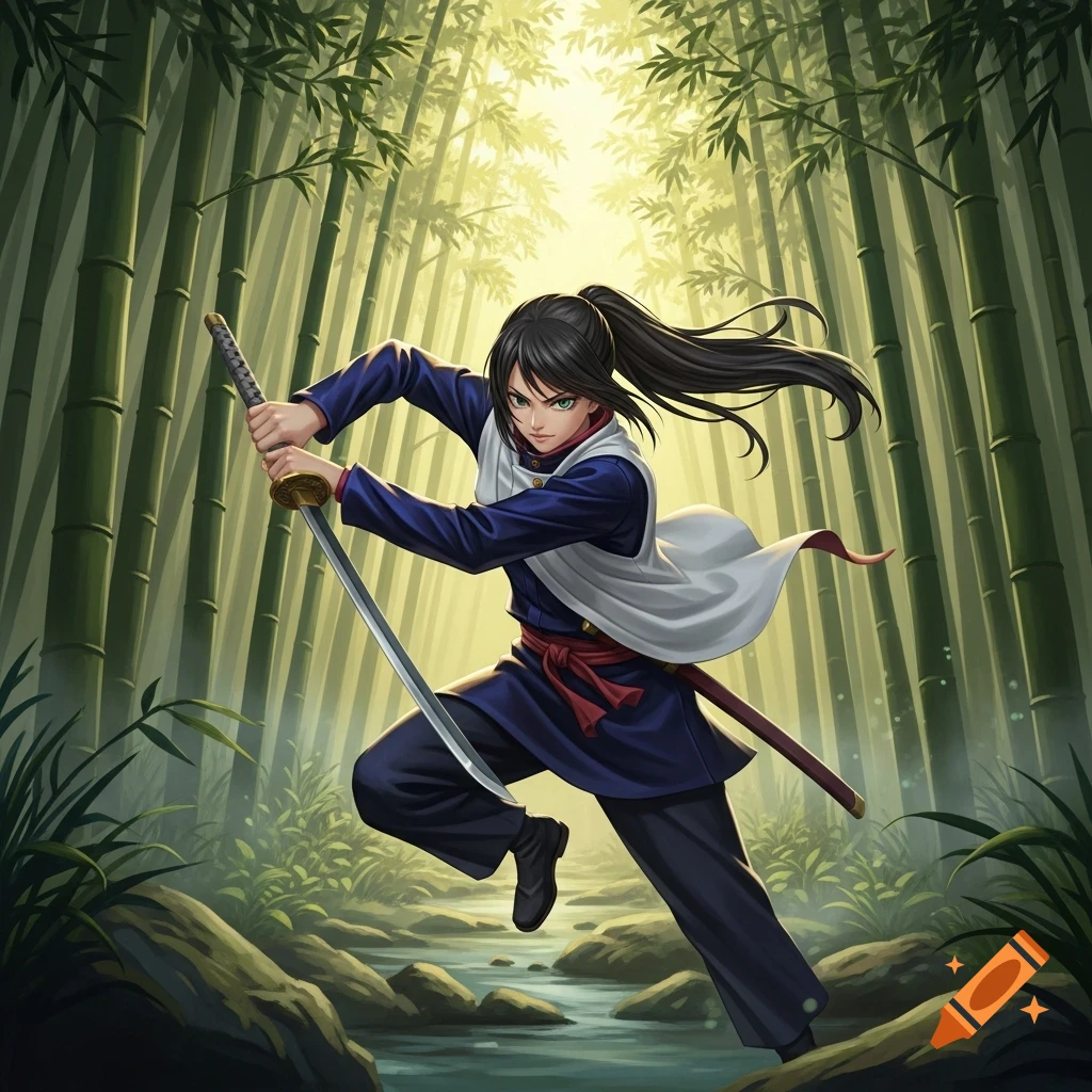 Anime-style character, Maki, in a dynamic pose with a katana in a ...