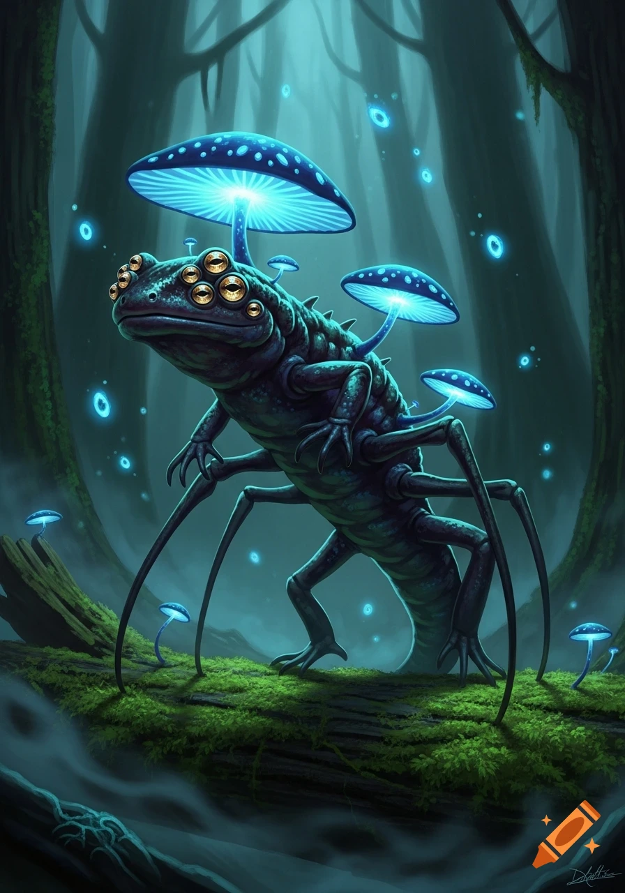 A dark, fantastical salamander-like creature with many golden eyes and ...