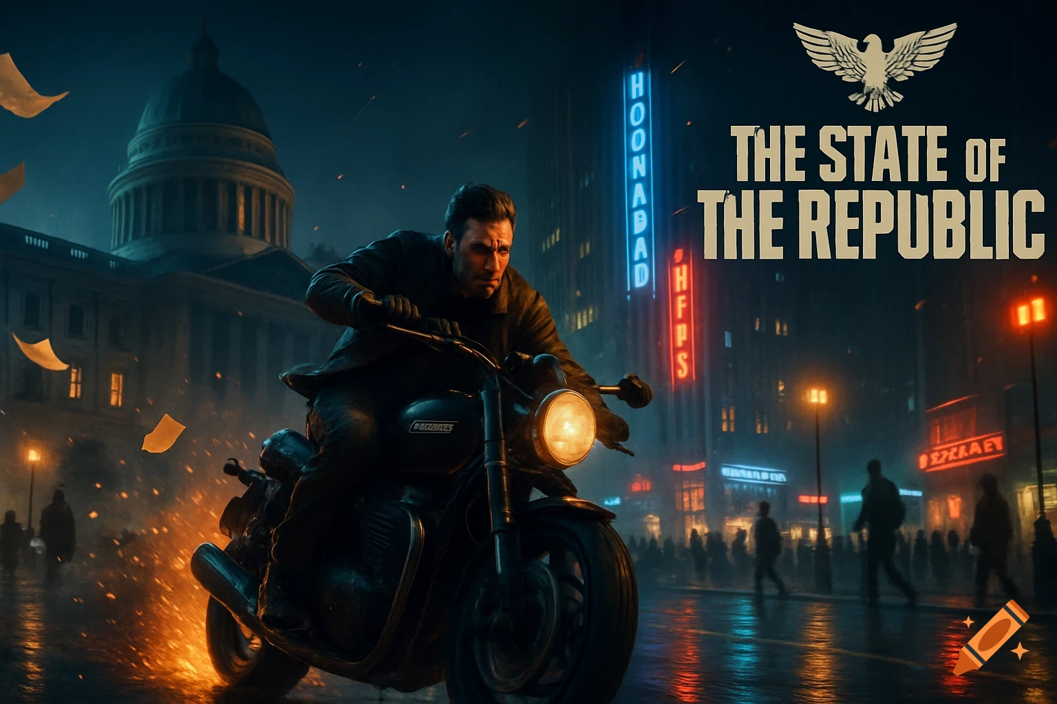 Cinematic game poster of a man on a black motorcycle leaning into a ...