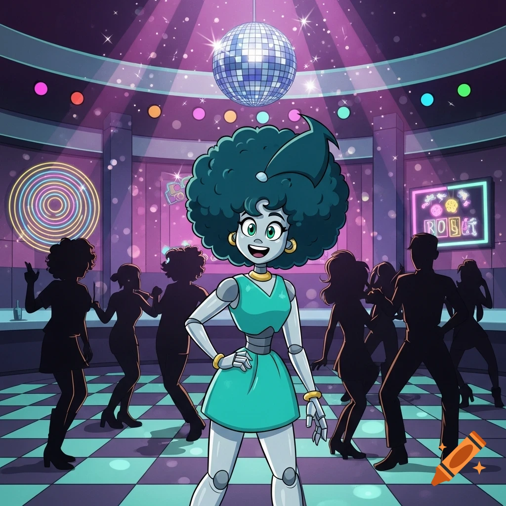 A cartoon robot with a large teal afro and dress dances at a vibrant ...