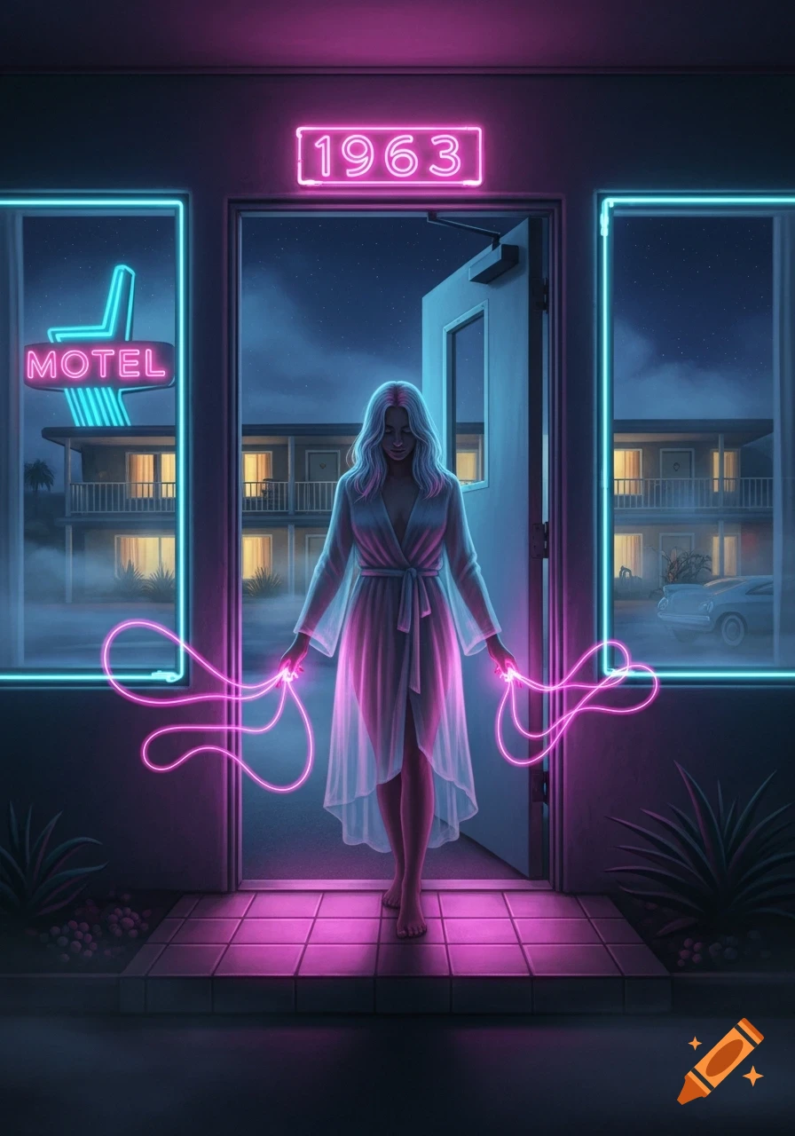 A barefoot woman with pale hair in a sheer robe stands in a motel ...
