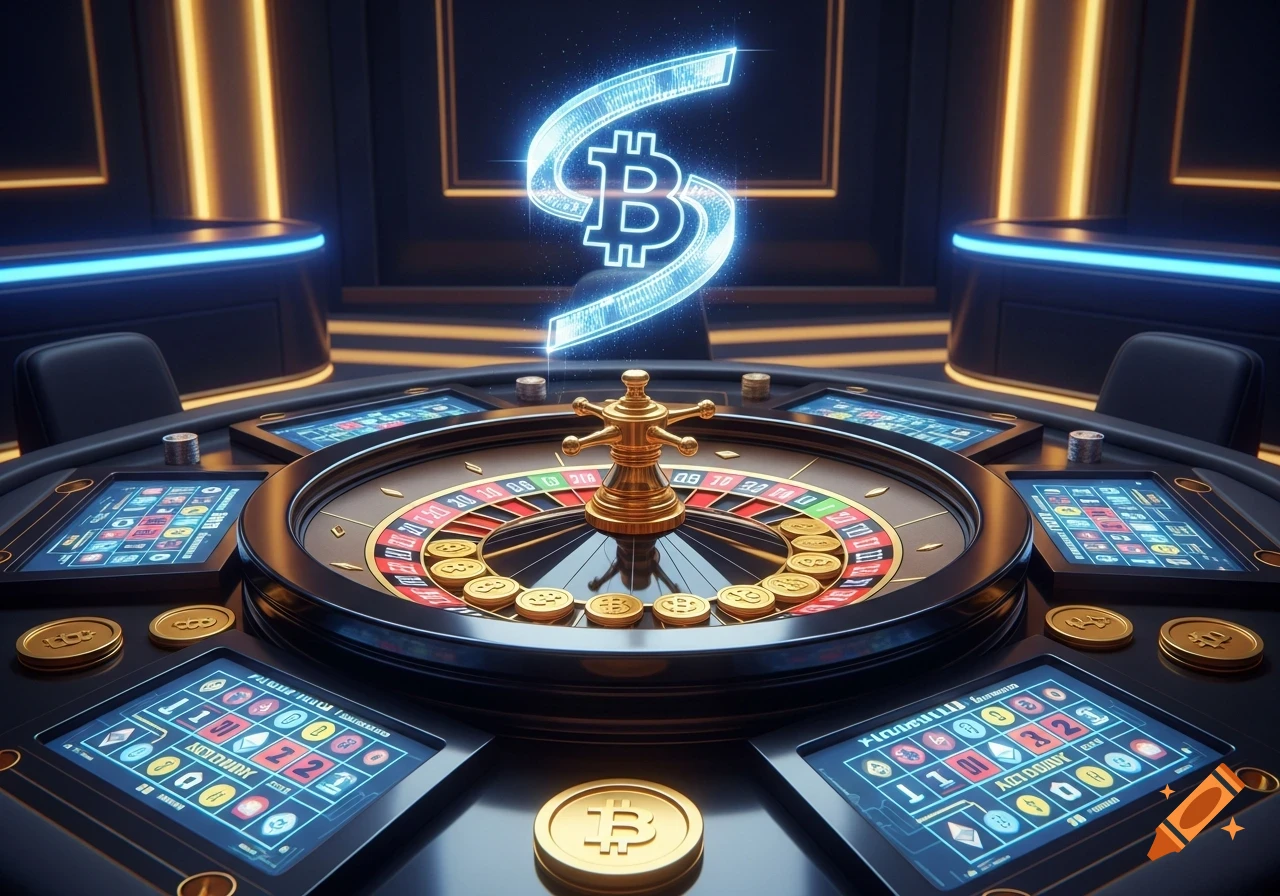 A futuristic casino table with a central roulette wheel. A glowing blue ...