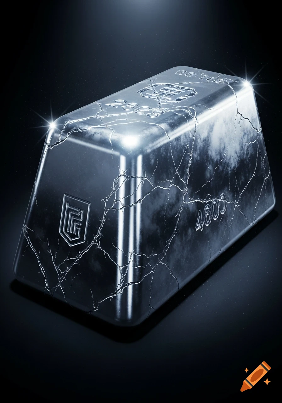 A shiny, cracked silver metal ingot with embossed numbers and a logo on ...