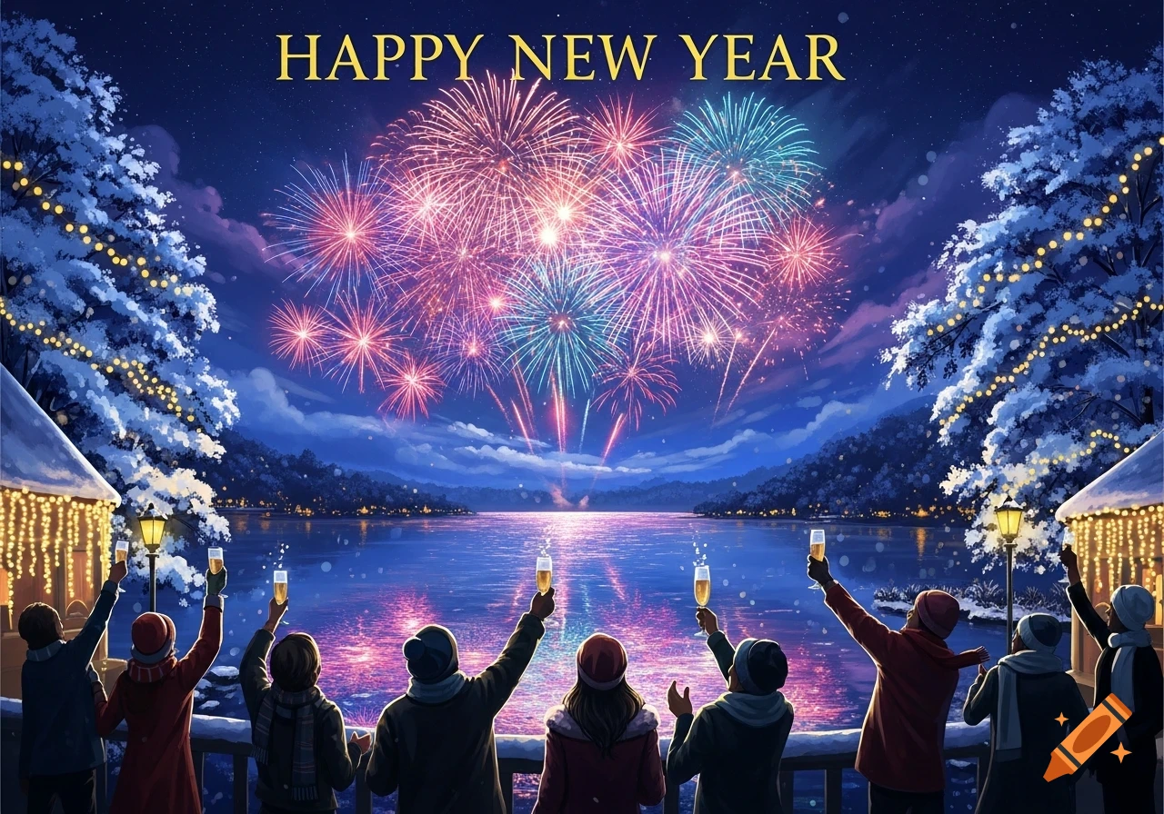 Illustrated scene of people watching colorful fireworks over a snowy ...