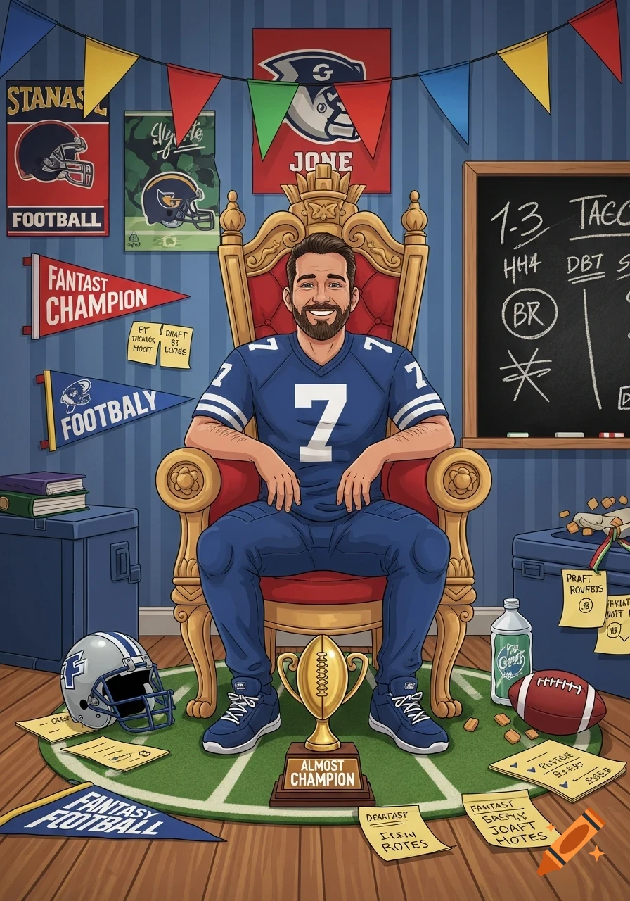 A cartoon man in a blue football jersey with the number 7 sits on a ...