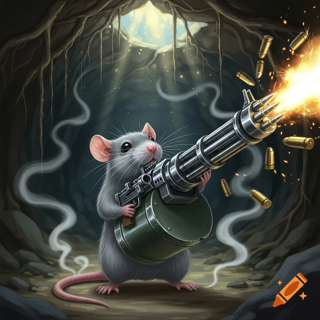 A cute, cartoonish rat intensely fires an oversized gatling gun, with ...