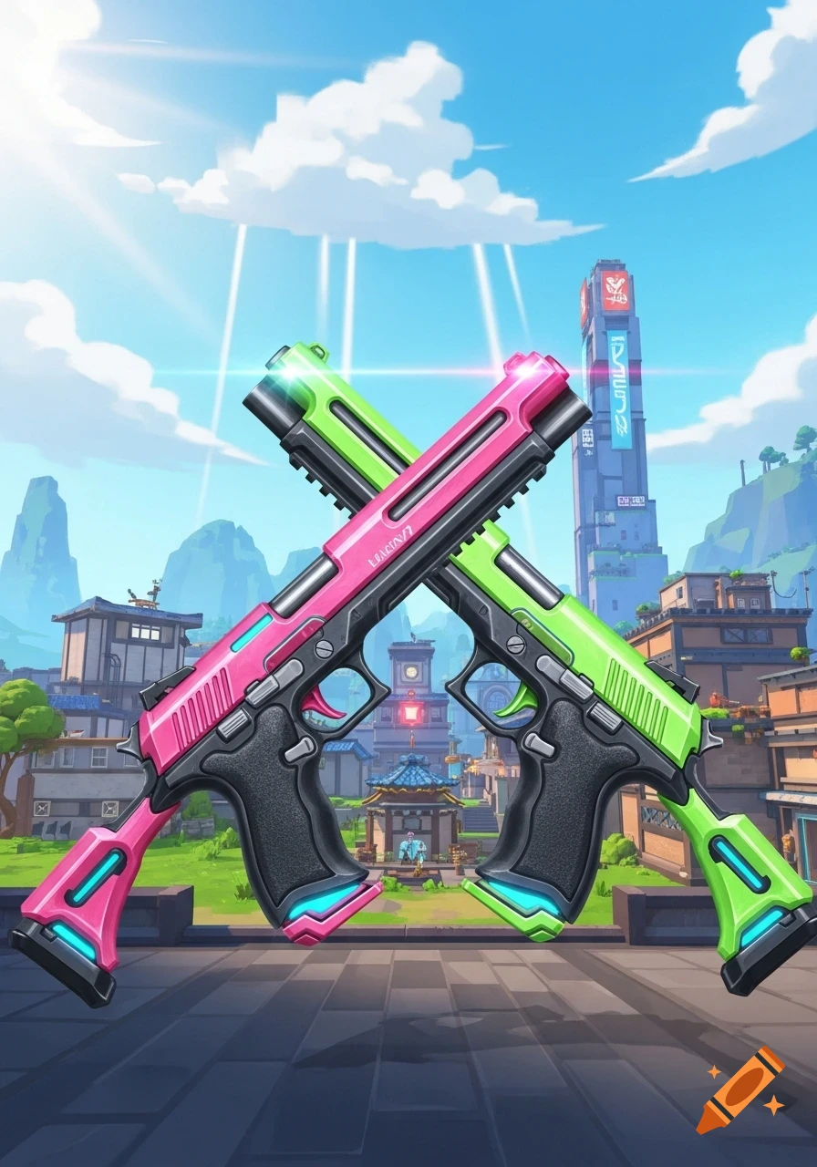 Two stylized pistols, one pink and one lime green, crossed over each ...