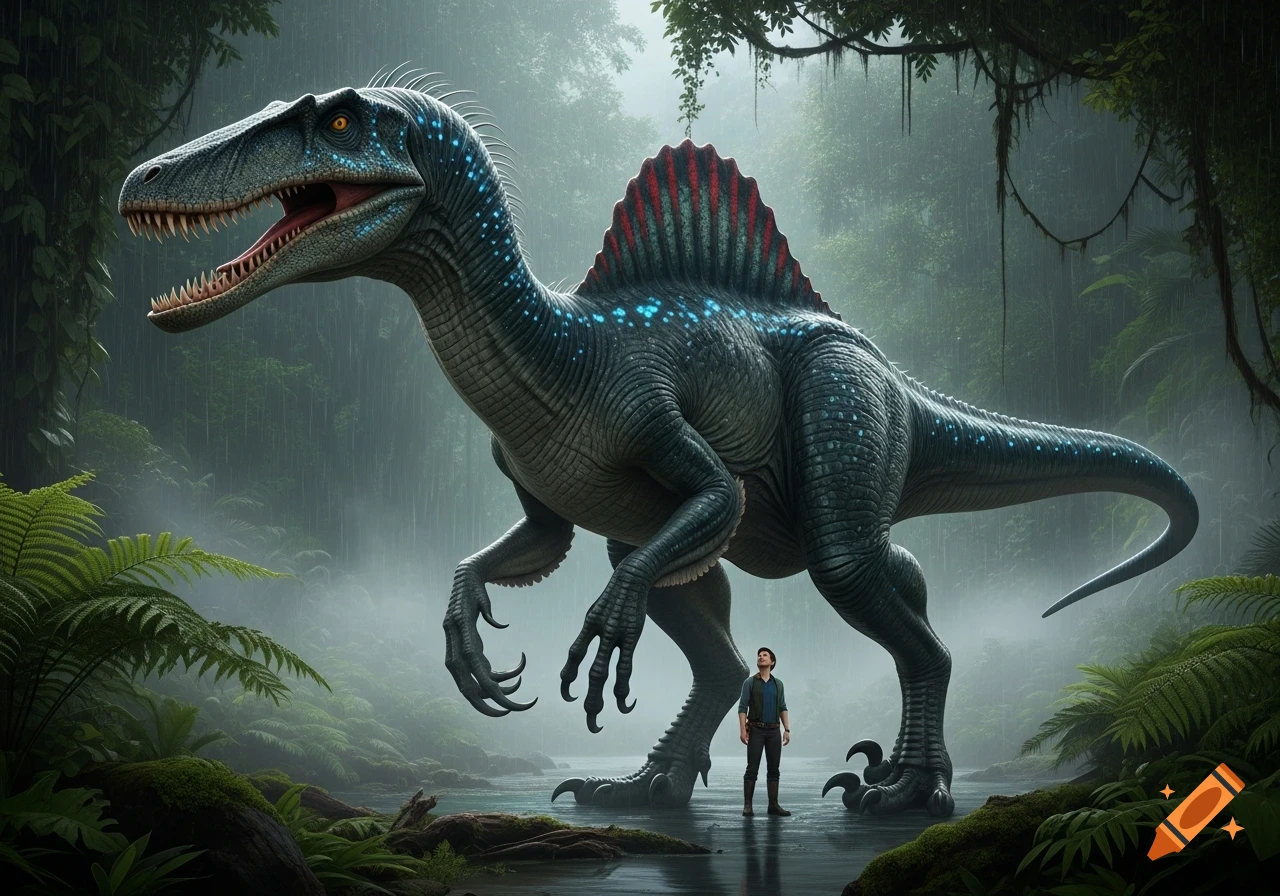 A colossal dark teal dinosaur with blue speckles and a red sail stands ...
