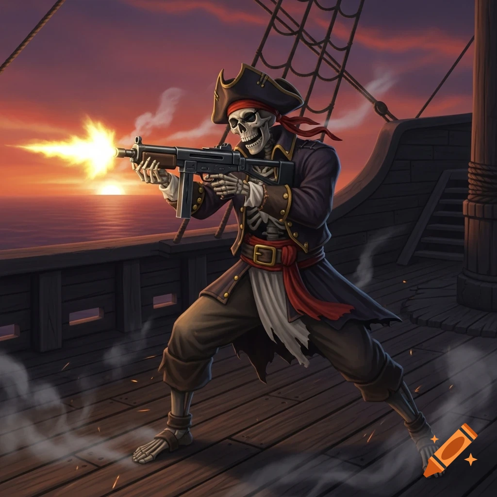 Illustrated skeleton pirate firing a machine gun on a ship deck at ...