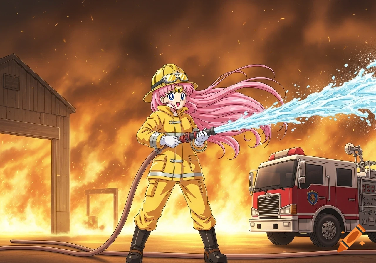 Anime girl in yellow firefighter gear sprays water at a burning ...