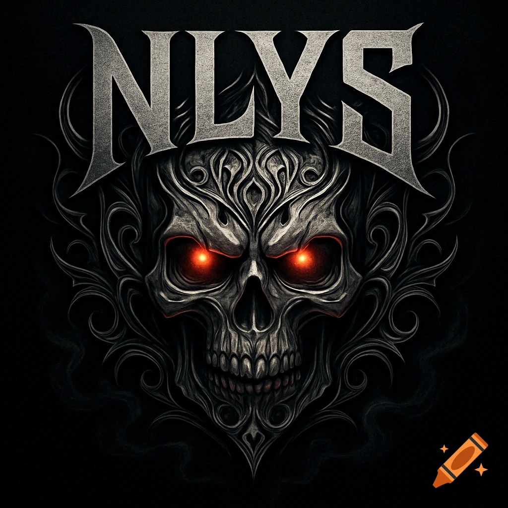 A dark gothic metal band logo featuring a detailed skull with glowing ...