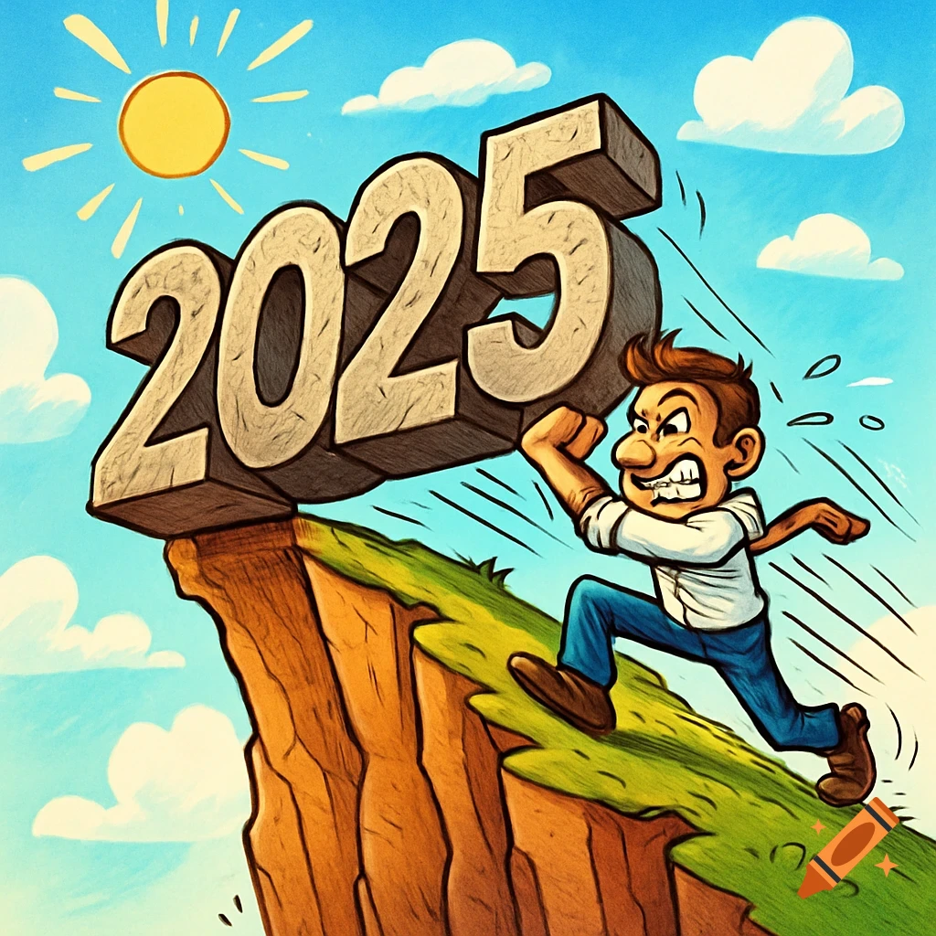 Cartoon man struggles to push a large block with '2025' off a grassy ...