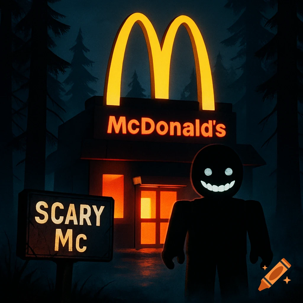 A spooky, dark McDonald's restaurant in a forest with a shadowy ...