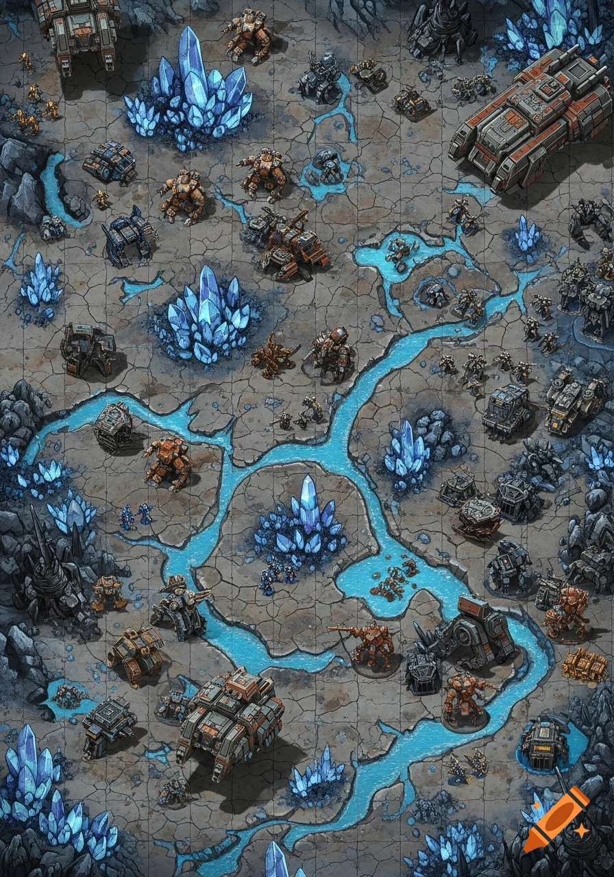 Top-down sci-fi battle map featuring a river, glowing blue crystals ...