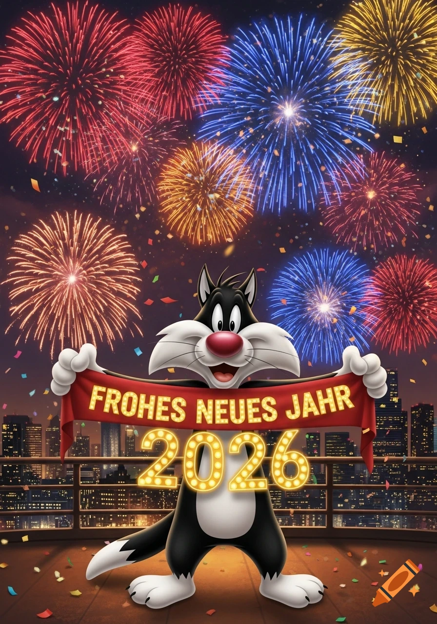 Cartoon Sylvester the Cat holds a 'Frohes Neues Jahr 2026' banner on a ...