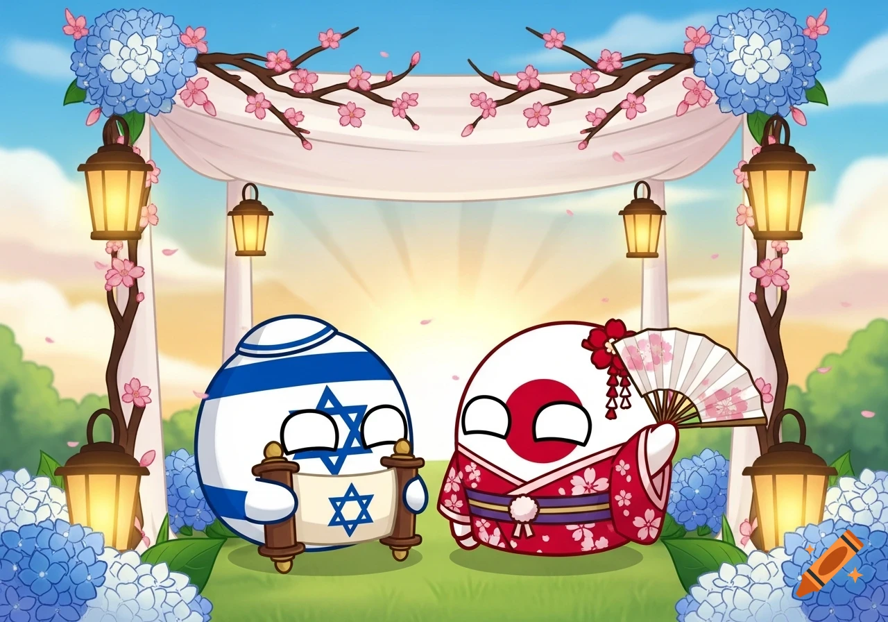 Cartoon Israel and Japan countryballs at a wedding under an arch ...