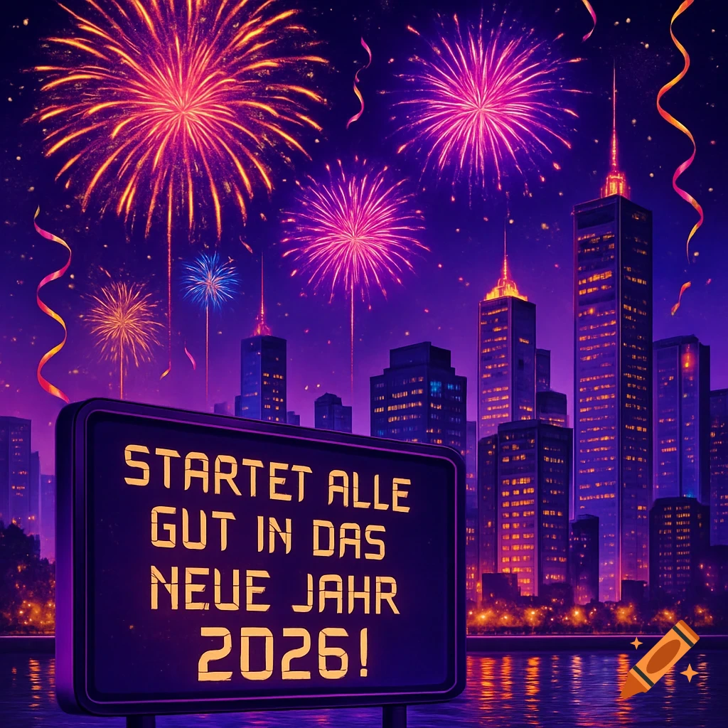 A vibrant, stylized cityscape at night with colorful fireworks, tall ...