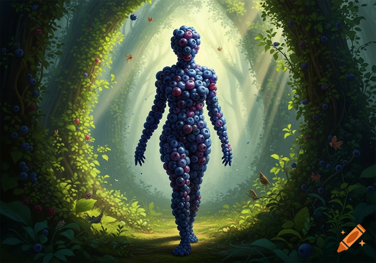 A stylized human figure made of blueberries stands in a magical, sunlit ...