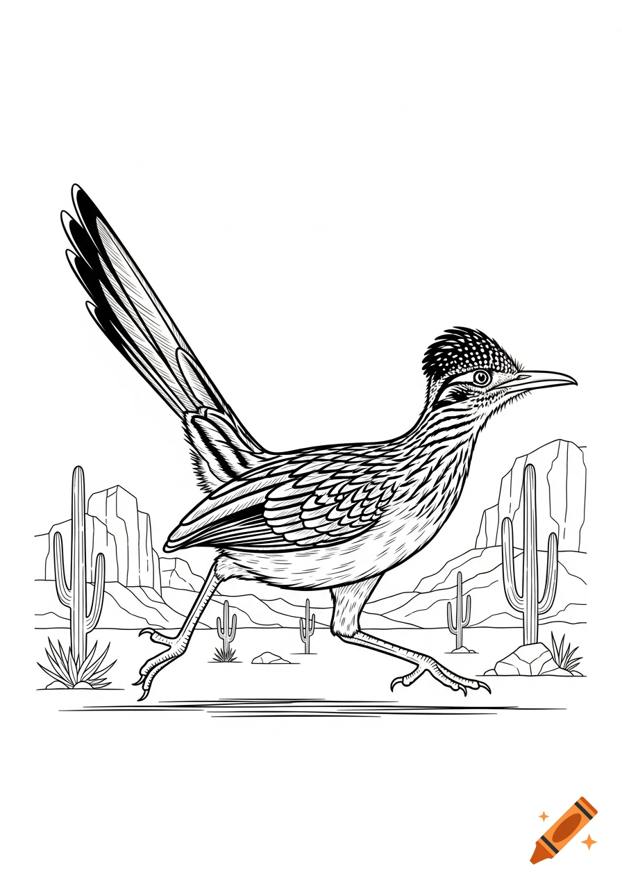 A line art drawing of a roadrunner running through a desert landscape ...
