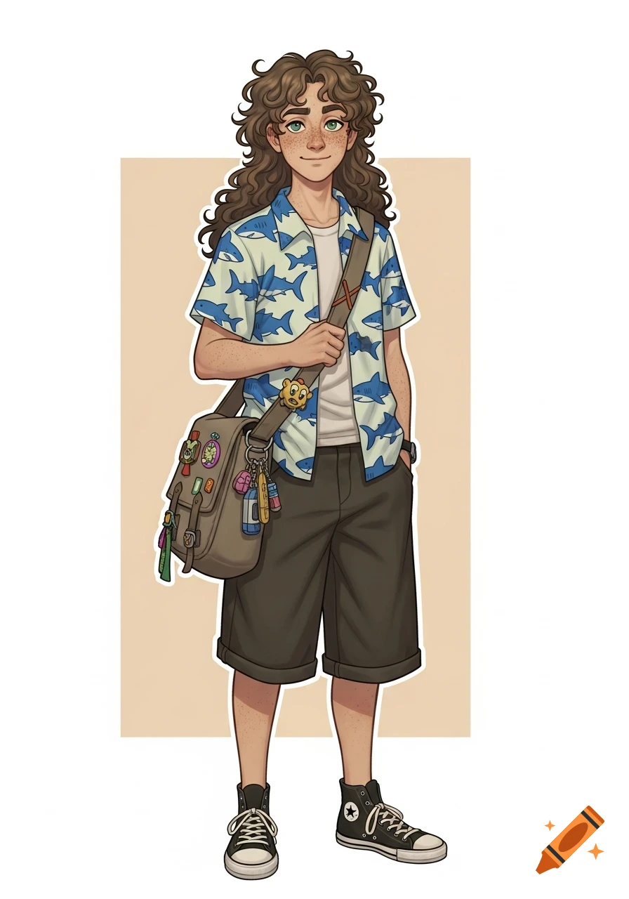 Digital illustration of a smiling teenage boy with curly brown hair ...