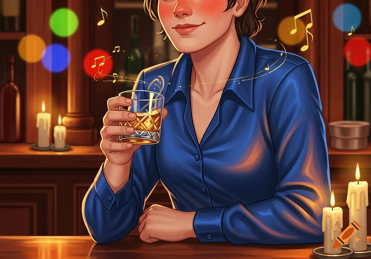 Illustration of a woman with flushed cheeks, holding a drink at a bar ...