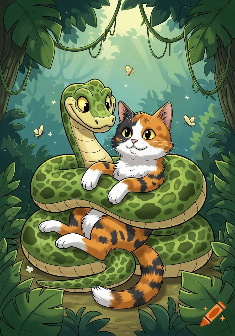 A friendly cartoon snake coils around a smiling calico cat in a lush ...