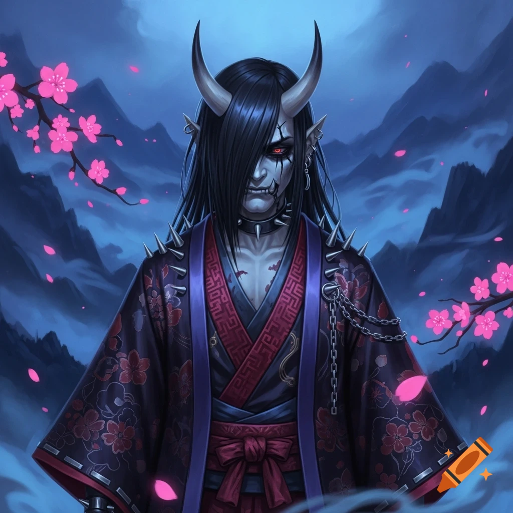 A moody digital art portrait of an emo oni demon with dark hair, horns ...