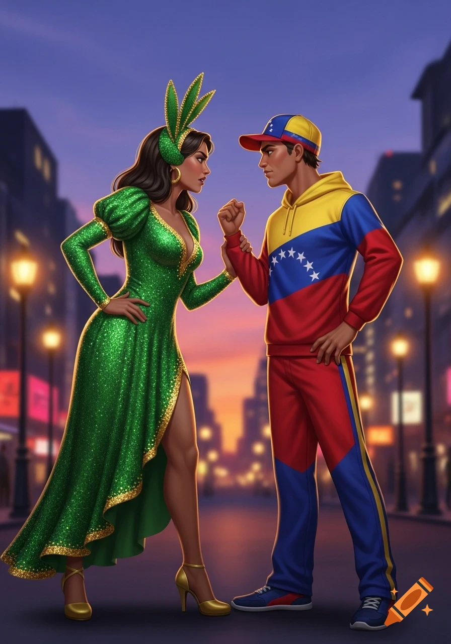 A stylized woman in a green sequined dress and a man in a Venezuelan ...