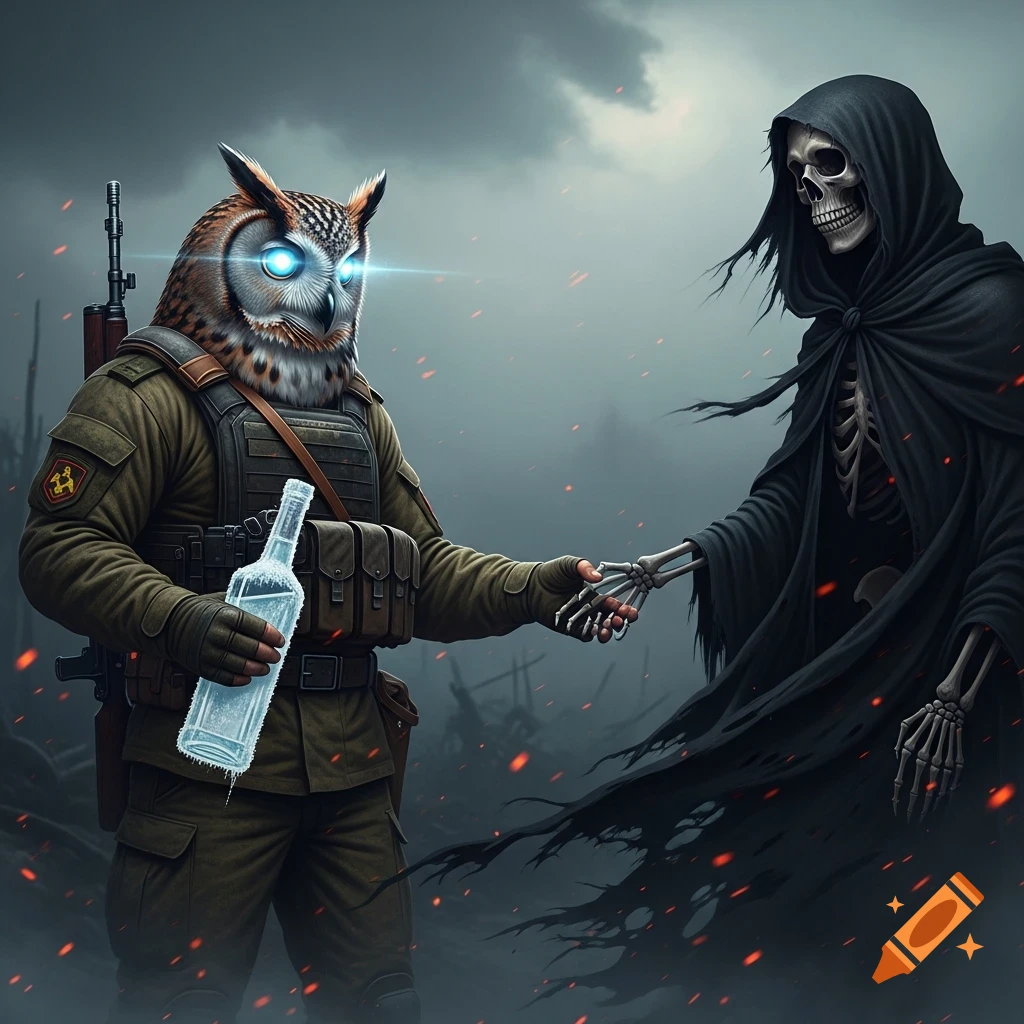 An anthropomorphic owl soldier with glowing eyes, holding a bottle ...
