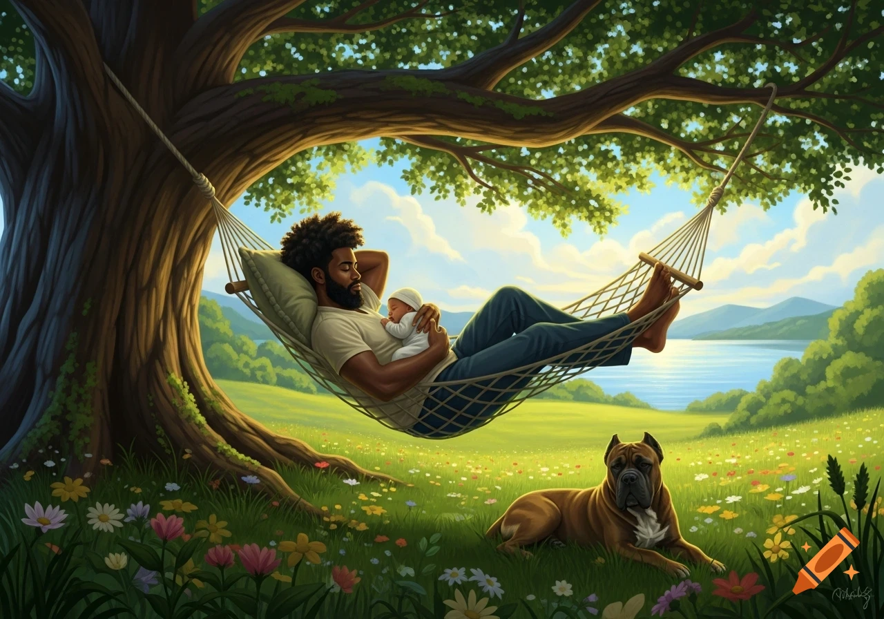 A bearded man with an afro rests in a hammock under a tree, holding a ...