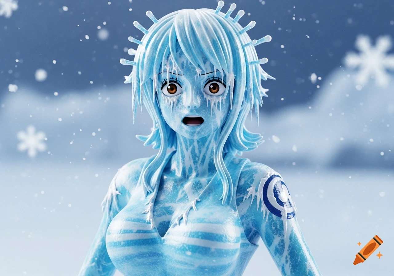 Close-up of Nami from One Piece, transformed into a surprised ice ...