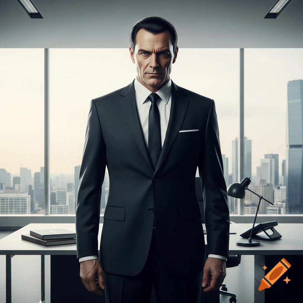 A stern man in a dark suit stands in a photorealistic office with a ...
