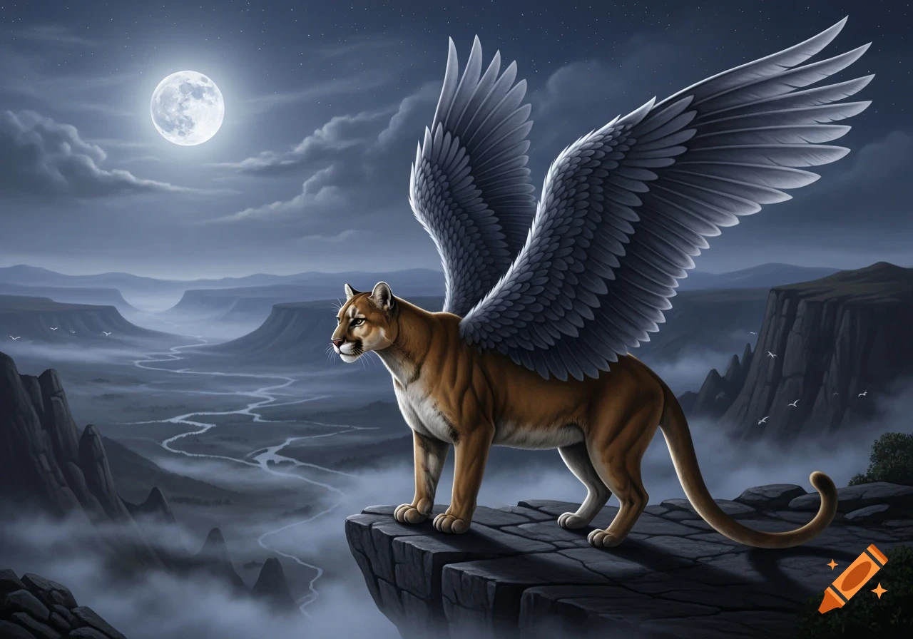 A majestic winged puma on a cliff overlooks a misty canyon with a ...