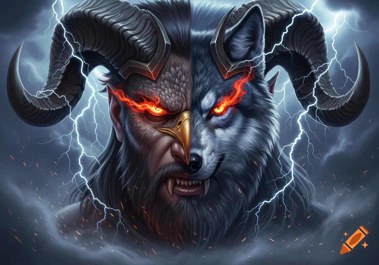 Close-up of an angry powerful fantasy god with ram horns, one side a ...