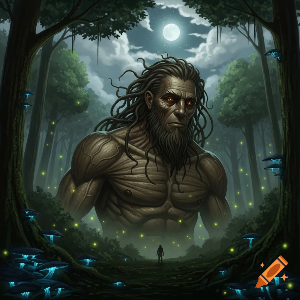 Giant muscular man with glowing red eyes looming over a small figure in ...