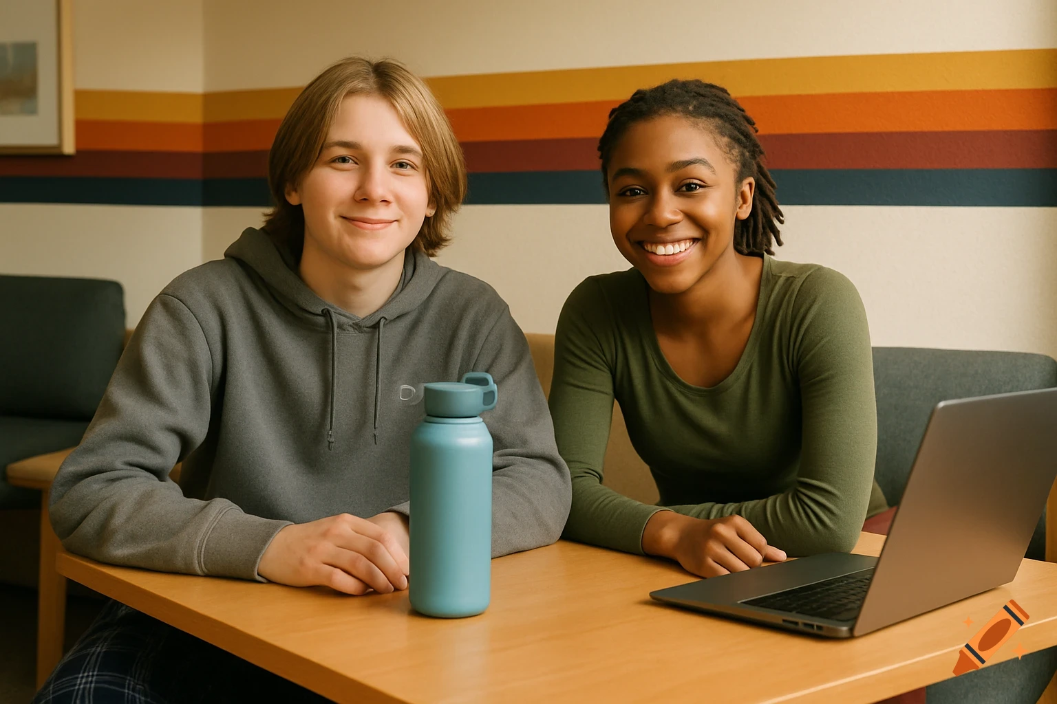 Two smiling teenagers, a boy and a girl, sit at a table in a ...