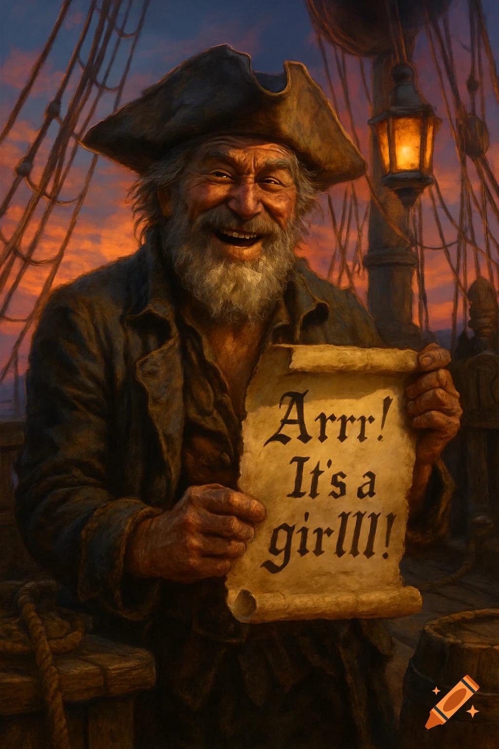 A joyful old pirate with a beard and a tricorne hat holds a scroll that ...