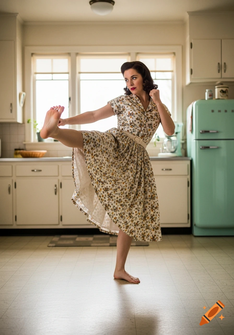A 1950s housewife in a floral dress performs a martial arts kick in a ...