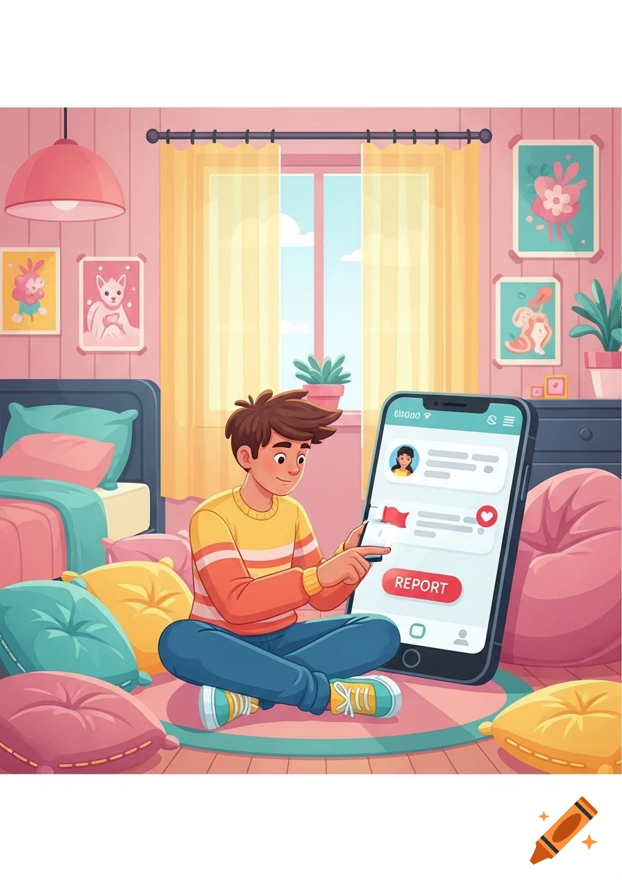 Cartoon boy sits in a pink bedroom, tapping a 'REPORT' button on a ...