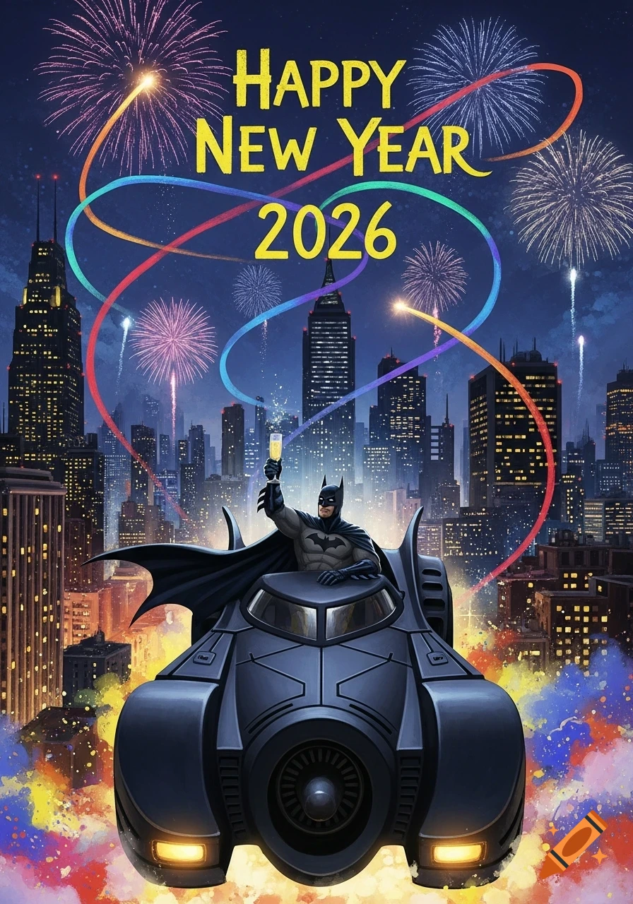 Batman in the Batmobile raises a champagne glass against a cityscape ...