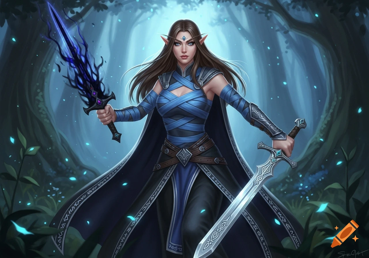 An elven female wizard in blue wraps and a black robe with runes ...