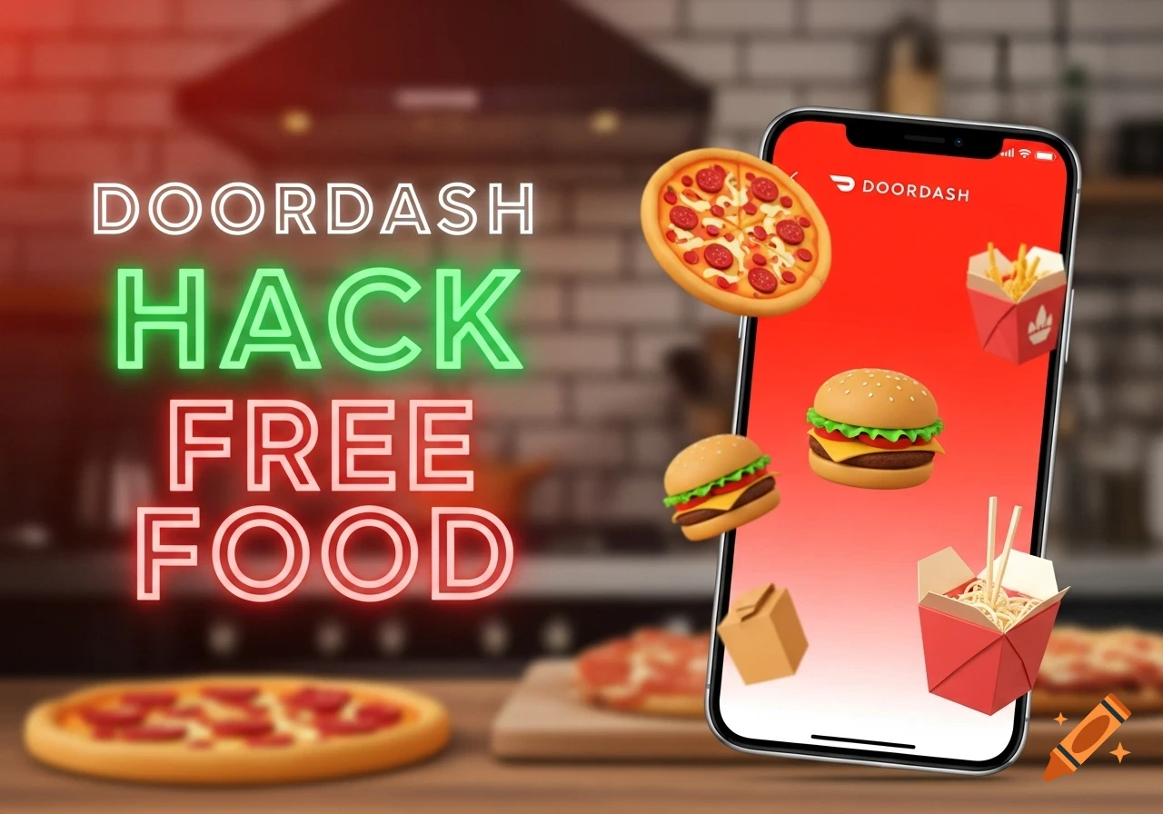 Smartphone with DoorDash app, floating fast food, and 'DOORDASH HACK ...