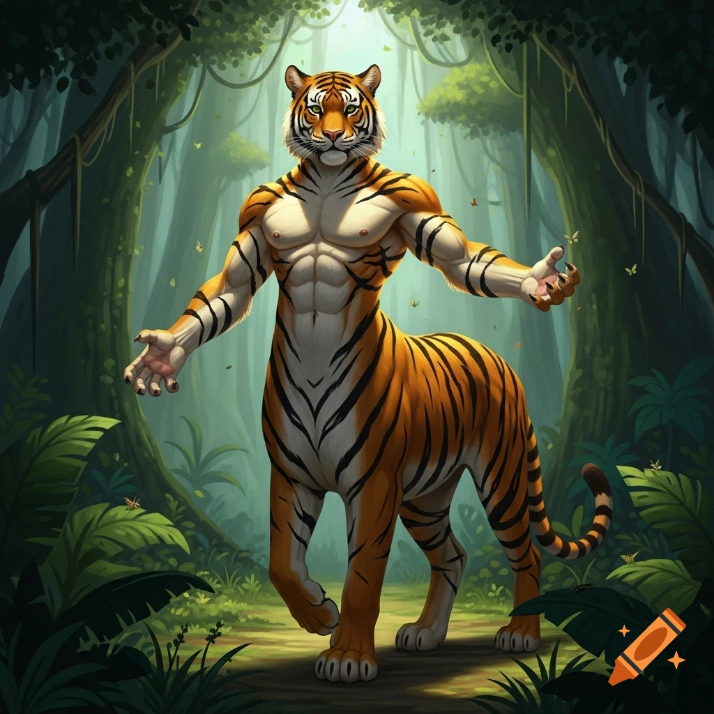 A muscular anthropomorphic tiger centaur stands with outstretched arms ...