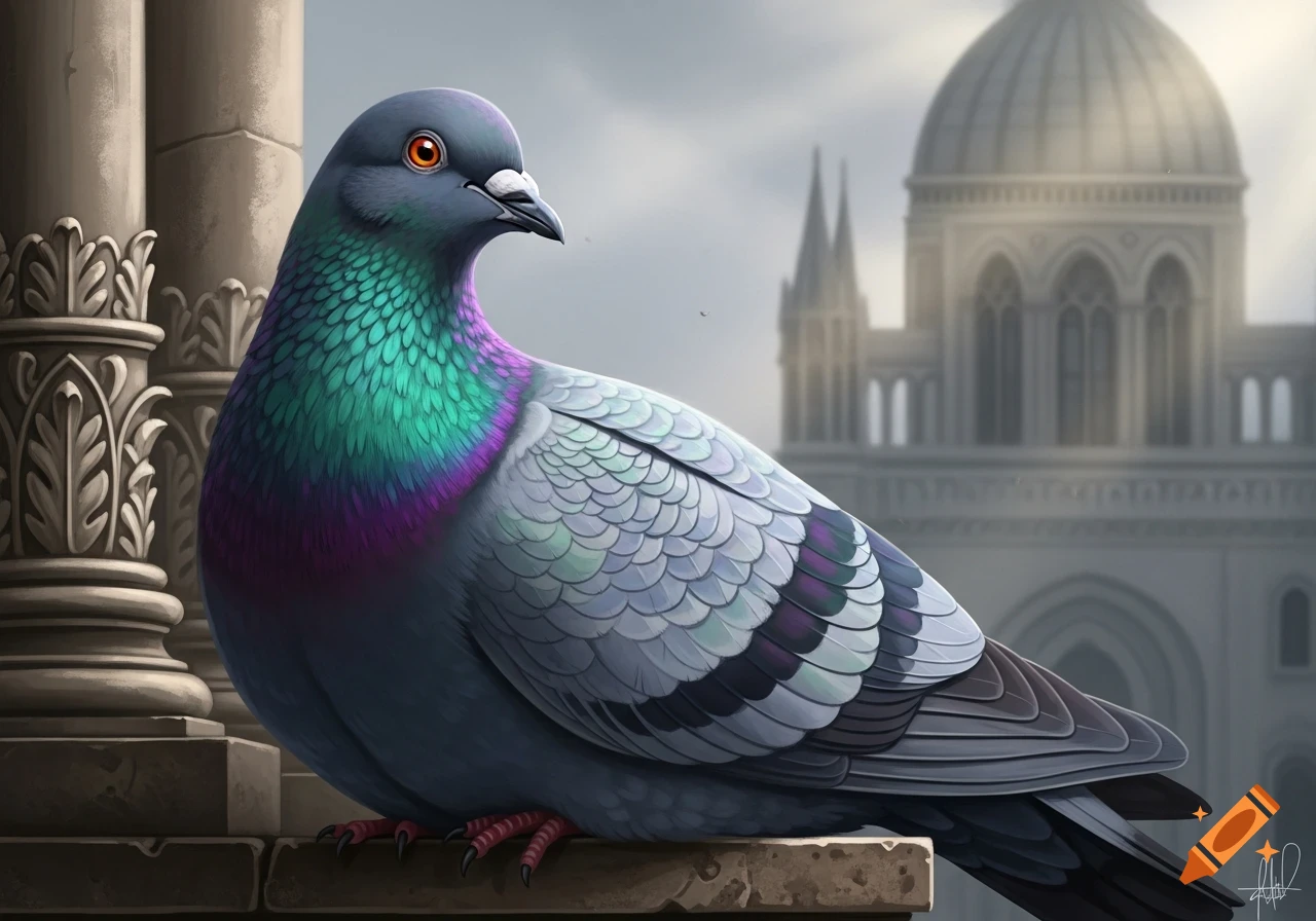 A vibrant digital art pigeon with iridescent green and purple neck ...