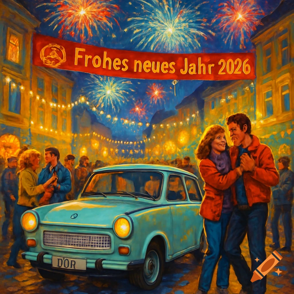 An impressionistic painting of a New Year's celebration with fireworks ...