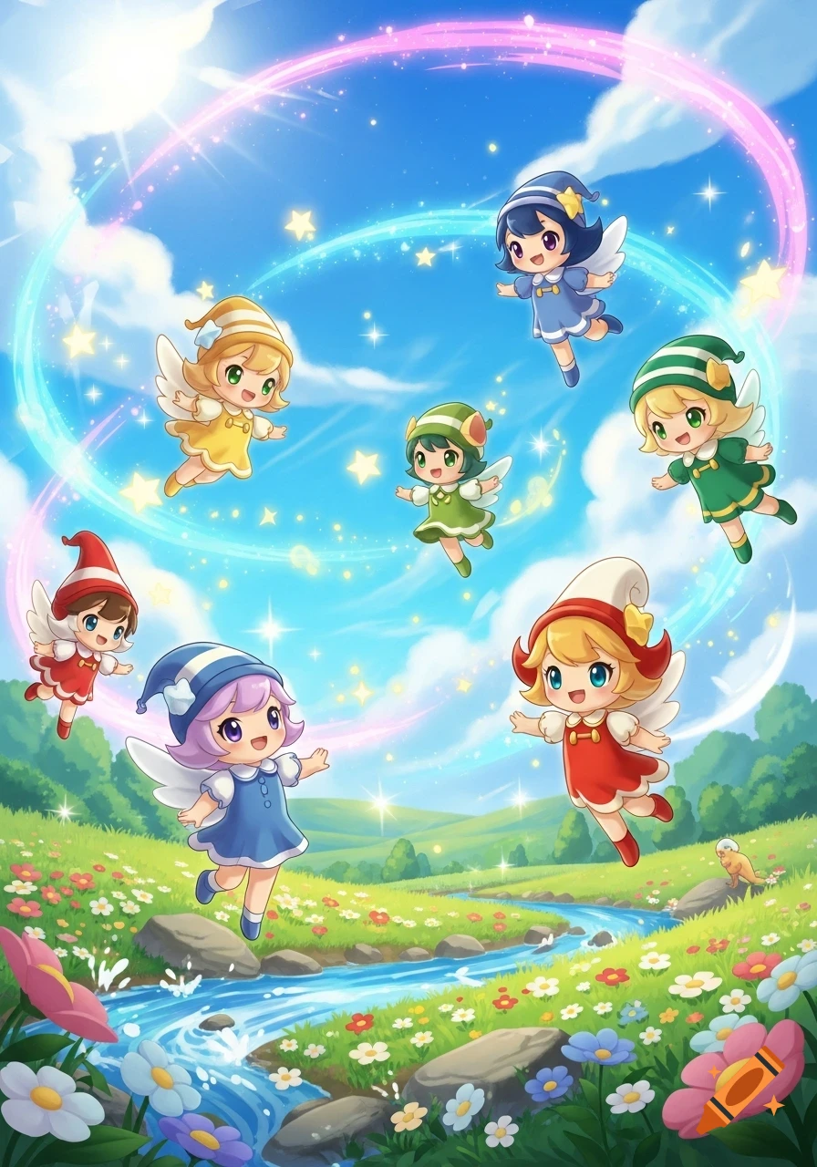 Anime-style cute fairy characters with wings and colorful hats fly over ...