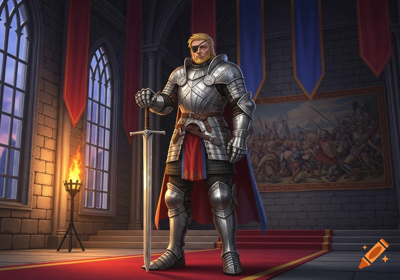 A blonde knight with a beard and eyepatch stands in full armor, holding ...