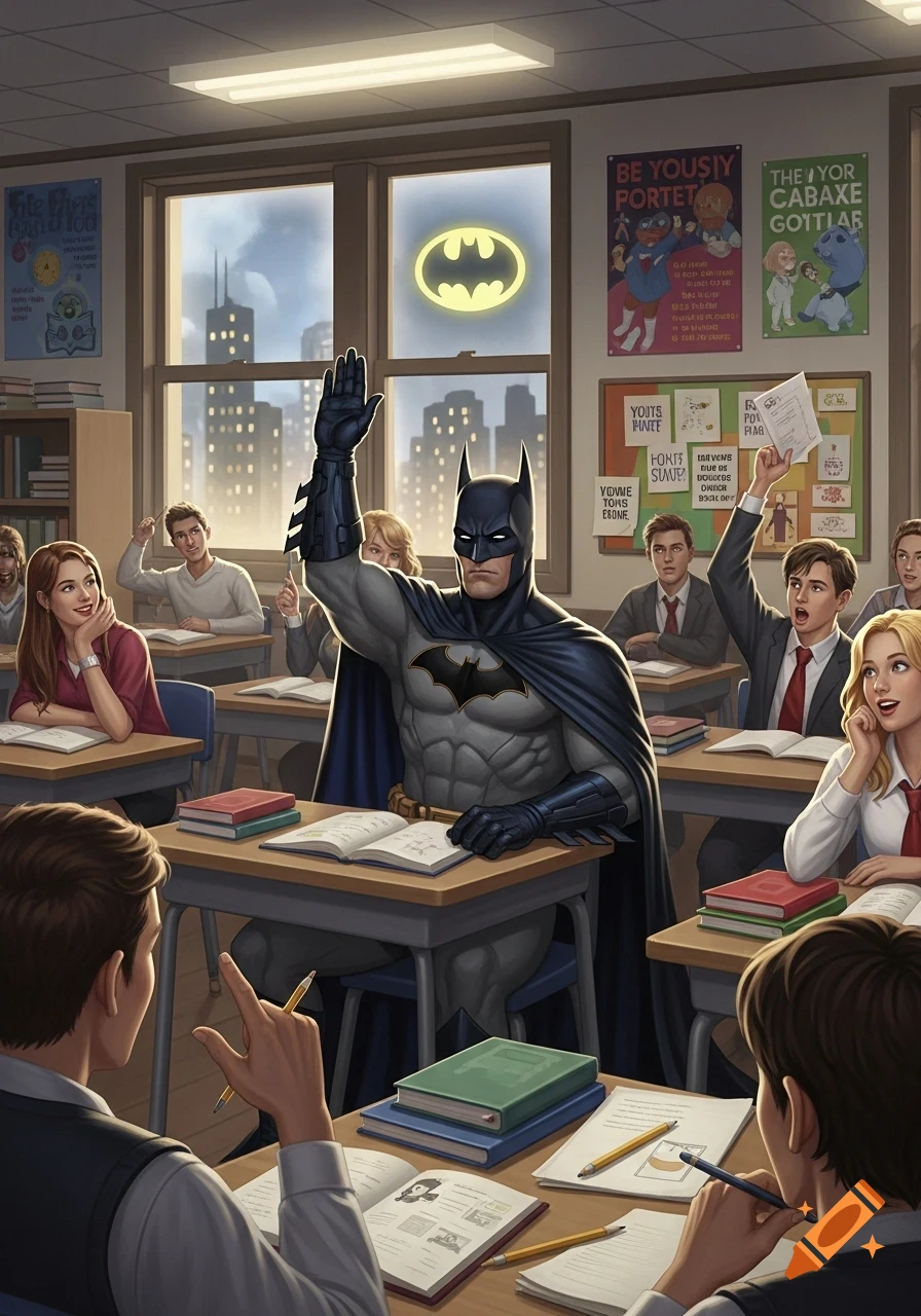 Batman raises his hand in a classroom filled with students, in a ...